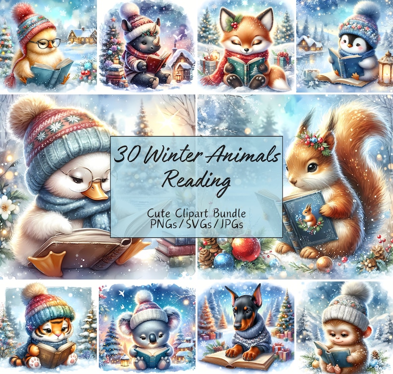 Cute Winter Animals Reading Clipart Bundle, Festive Watercolor Clip Art ...