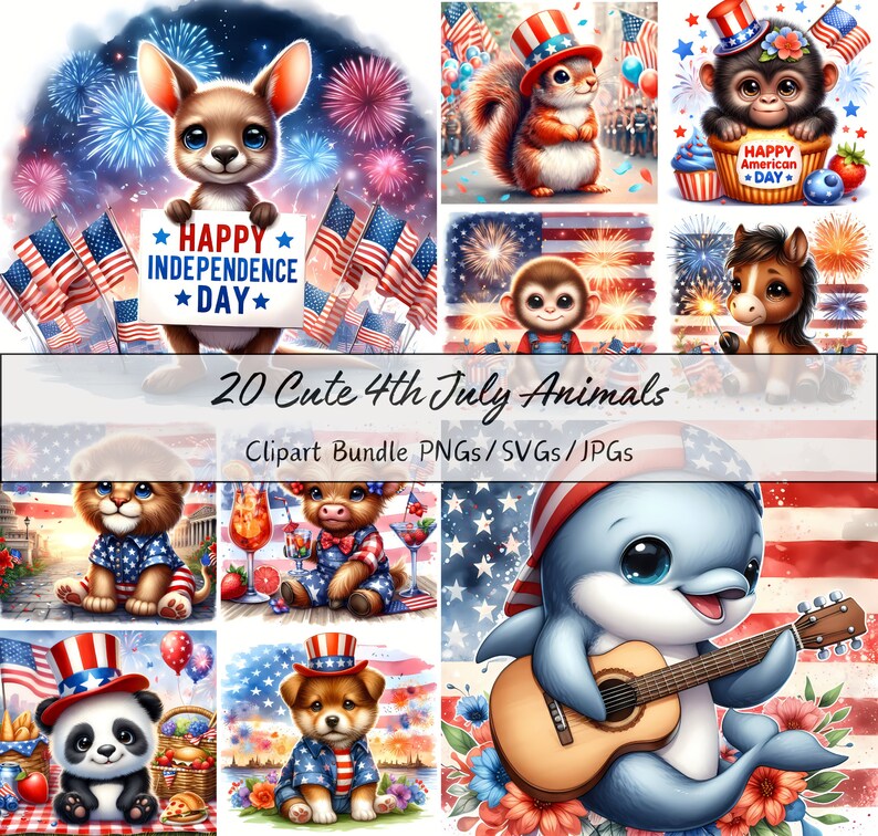 Cute 4th July Animals Clipart Bundle, Watercolor Patriotic Files Animal ...