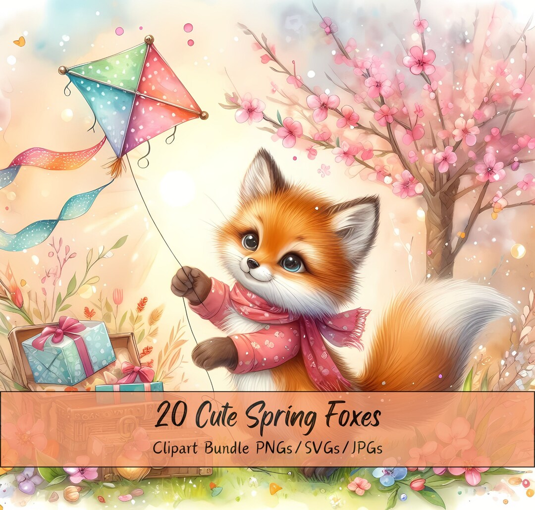 Cute Spring Fox Clipart Bundle, Watercolor Clip Art Images, 20 High ...
