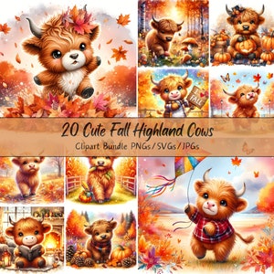 Cute Fall Highland Cows Clipart Bundle, Watercolor Autumn Cow Clip Art ...