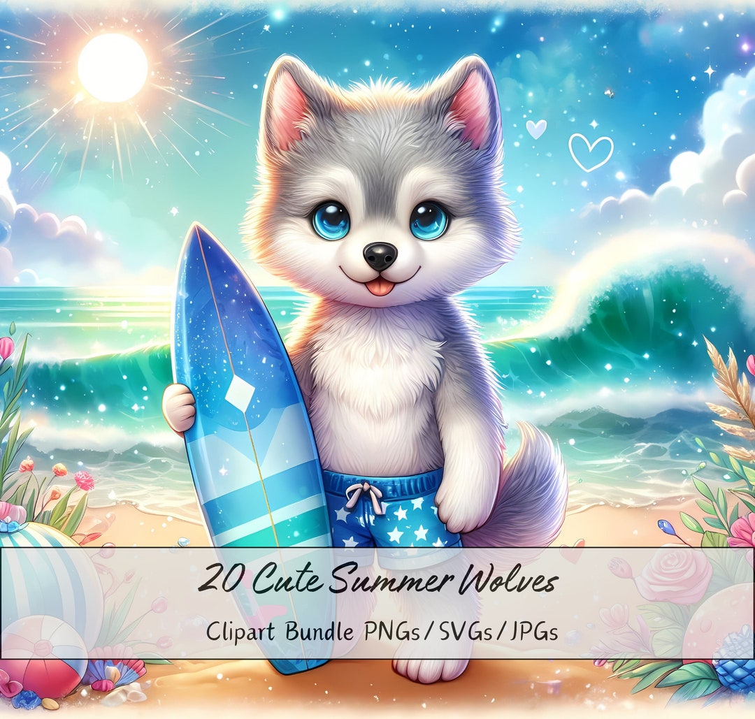 Cute Summer Wolf Clipart Bundle, Watercolor Wolves Clip Art Images ...