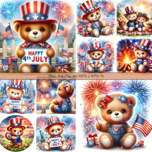 Cute 4th July Teddy Bears Clipart Bundle, Watercolor Patriotic Files ...