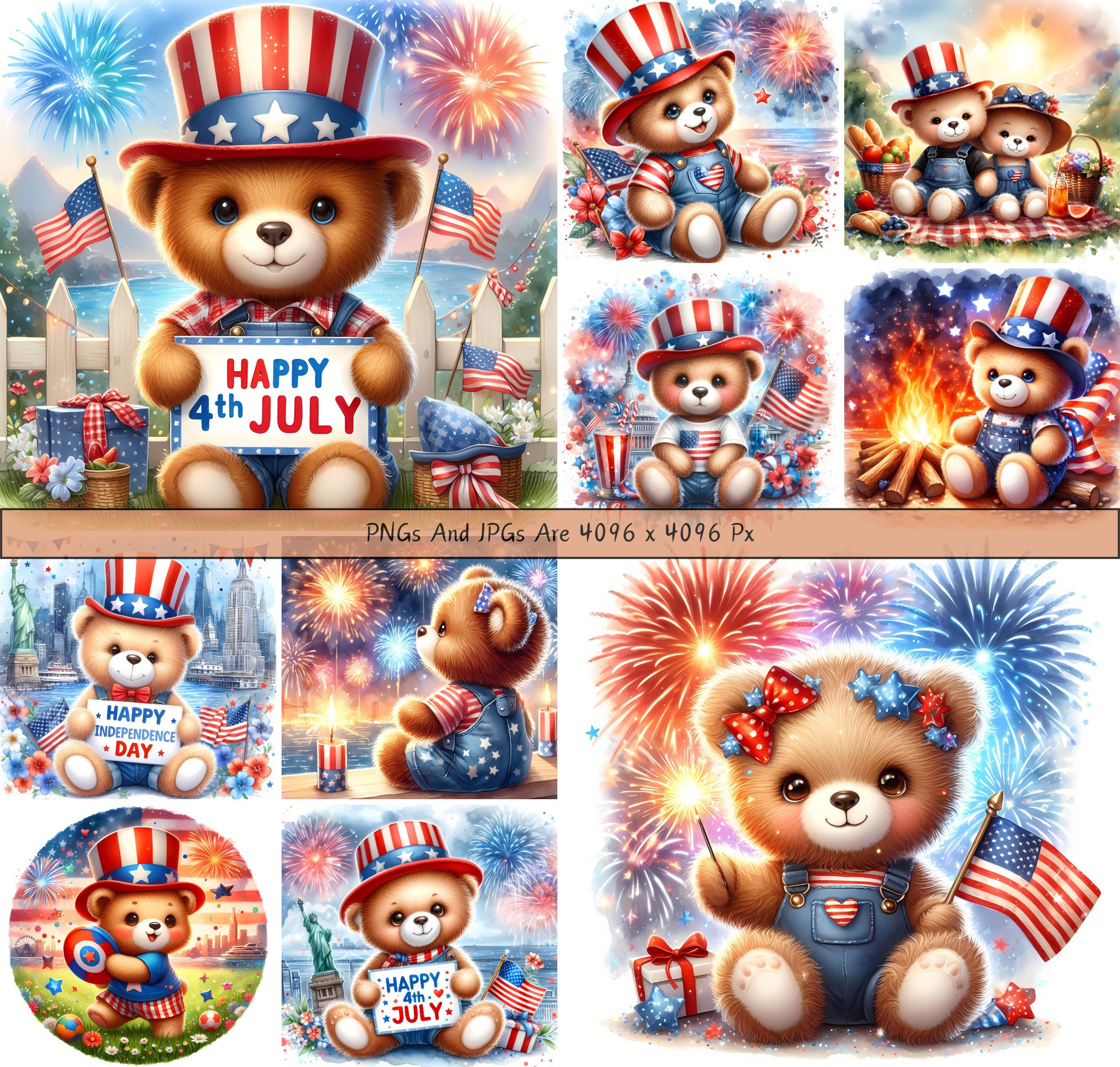 Cute 4th July Teddy Bears Clipart Bundle, Watercolor Patriotic Files ...