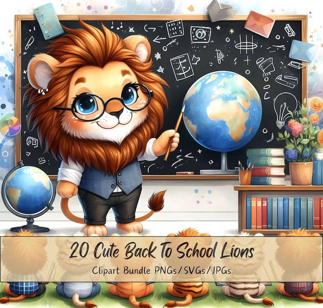 Cute Back to School Lions Clipart Bundle, Watercolor Lion Clip Art ...