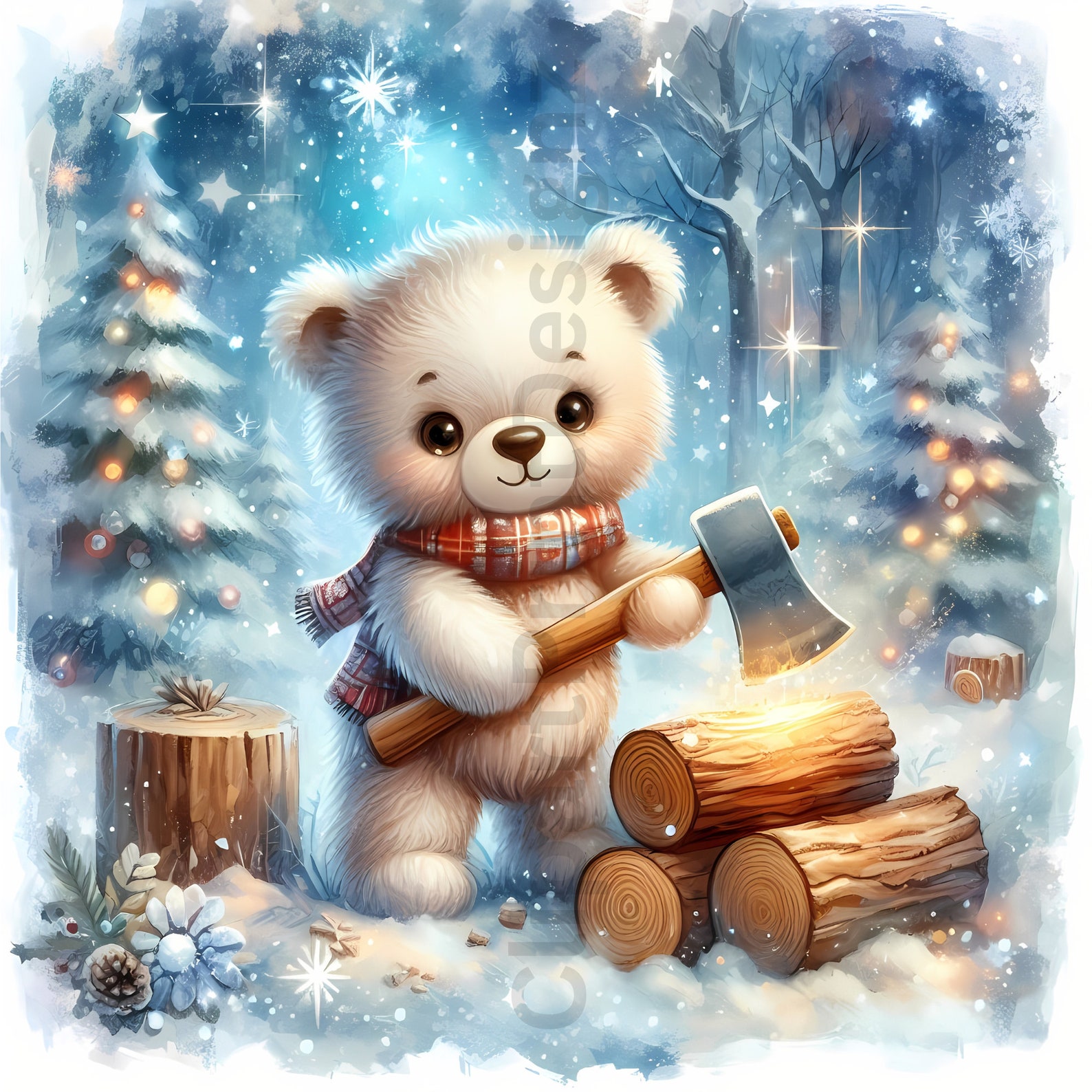 Cute Winter Teddy Bear Clipart Bundle, Festive Watercolor Clip Art Images, 20 High Quality Pngs ...