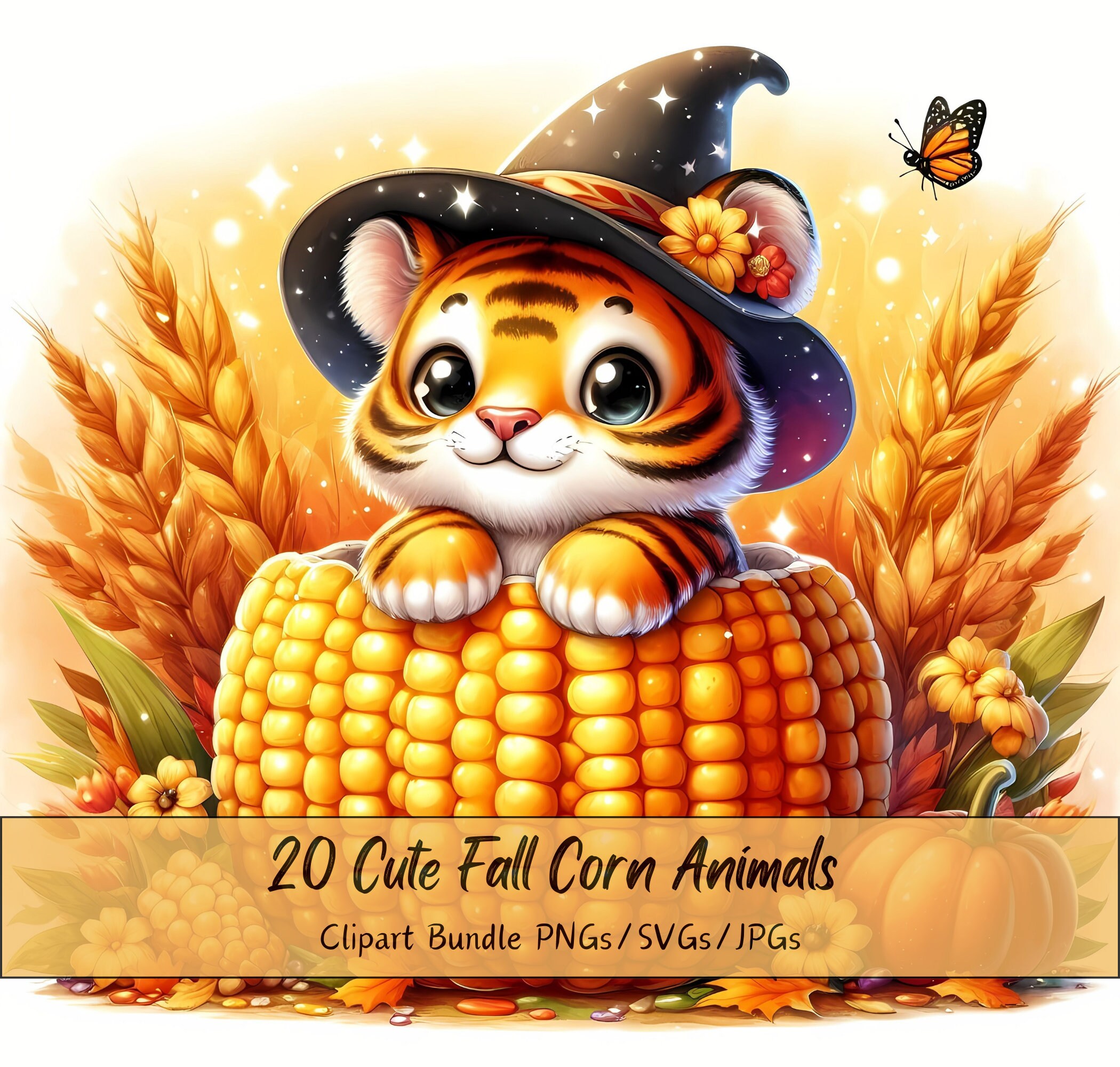Cute Fall Corn Animals Clipart Bundle, Watercolor Animal Clip Art ...