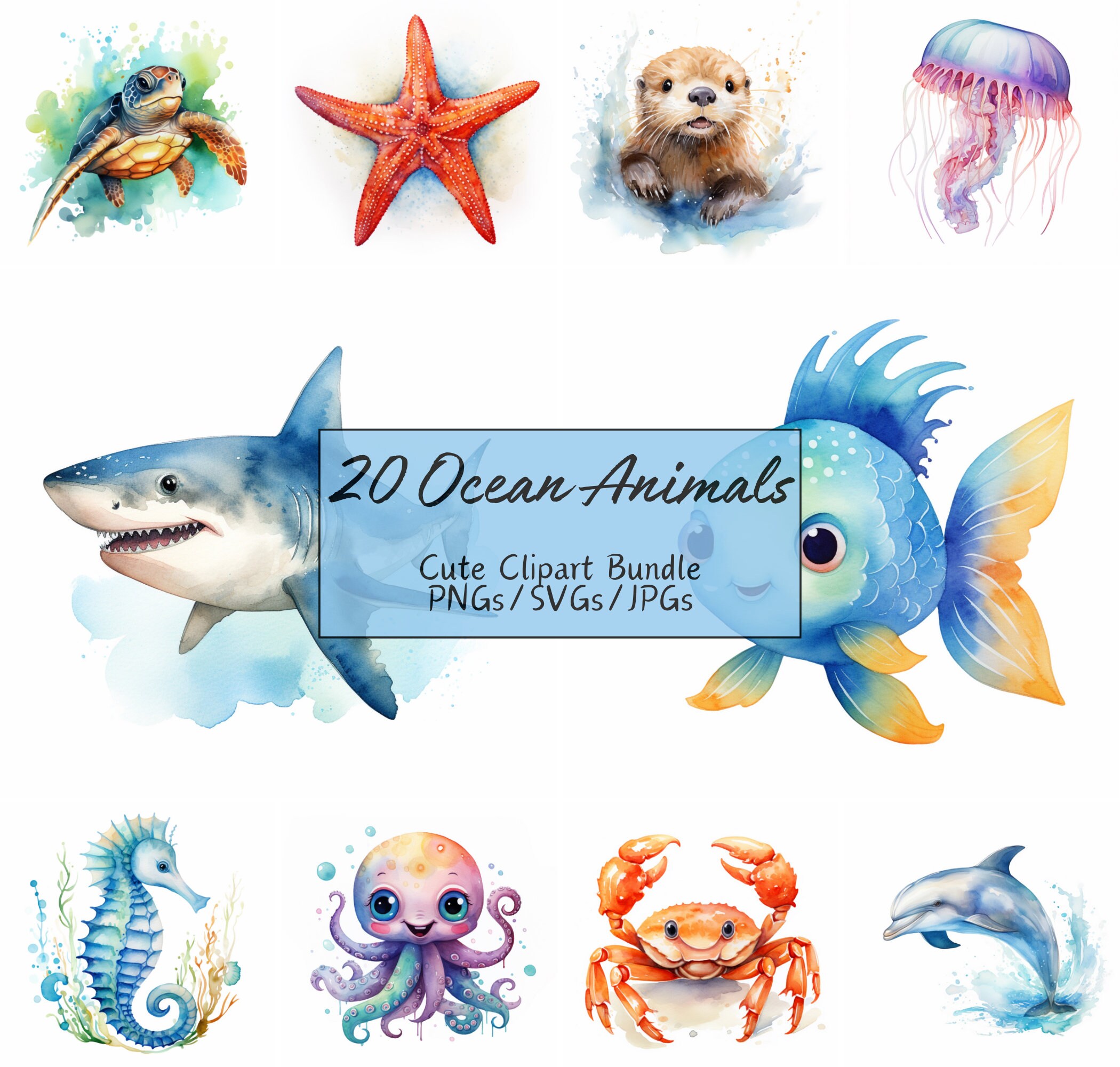 Watercolor Ocean Animals Clipart Bundle, 20 Cute Sea Animals, Nursery ...
