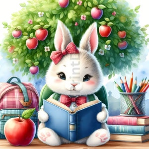 Cute Back to School Rabbits Clipart Bundle, Watercolor Rabbit Clip Art ...