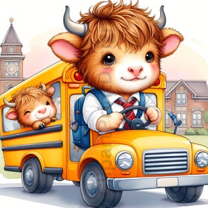 Cute Back to School Highland Cows Clipart Bundle, Watercolor Cow Clip ...