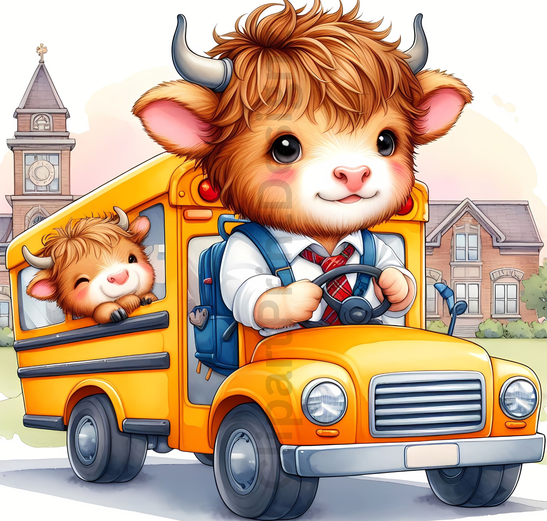 Cute Back to School Highland Cows Clipart Bundle, Watercolor Cow Clip ...