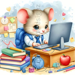 Cute Back to School Mouse Clipart Bundle, Watercolor Mice Clip Art ...