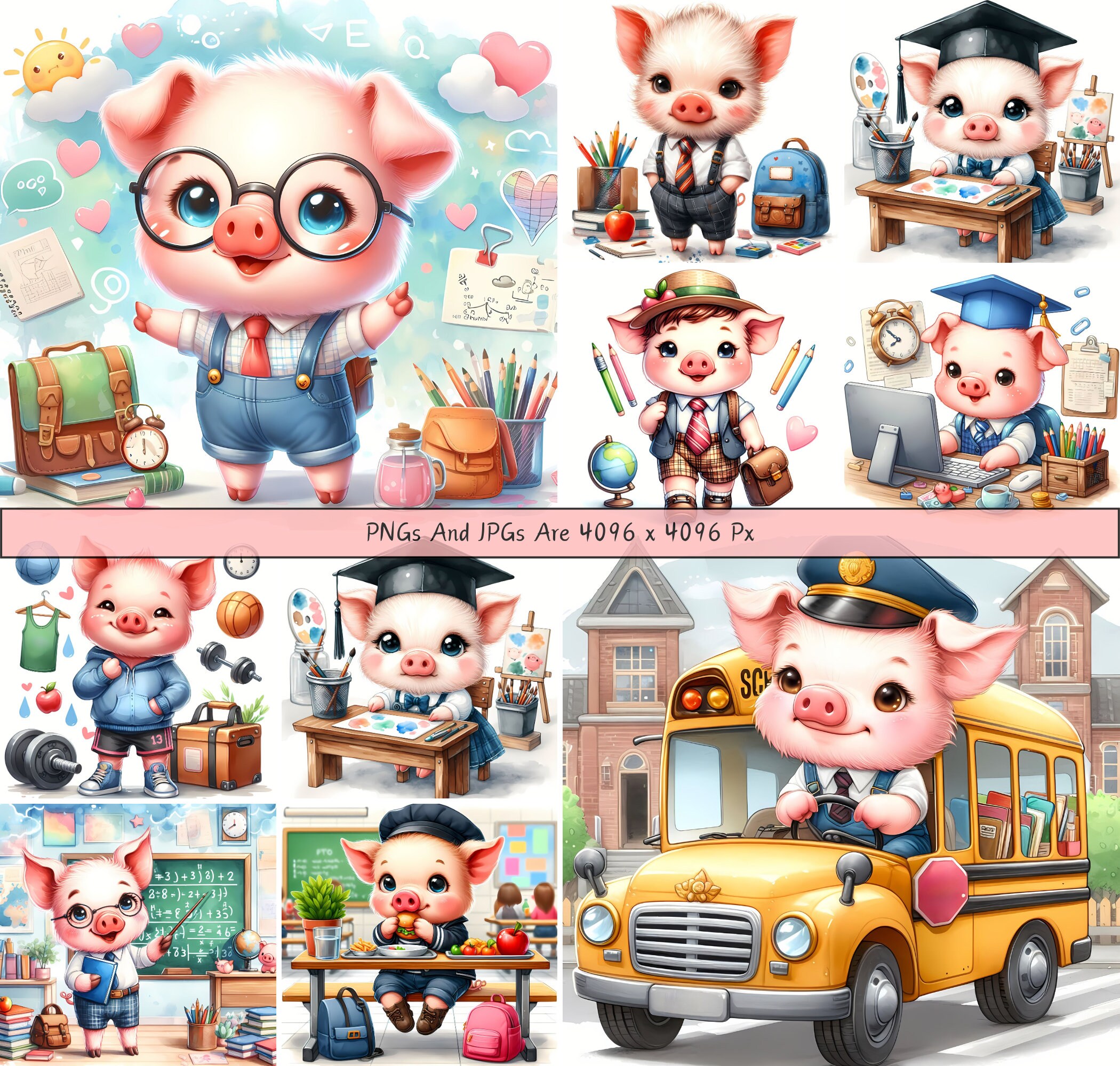 Cute Back to School Pigs Clipart Bundle, Watercolor Pig Clip Art Images ...