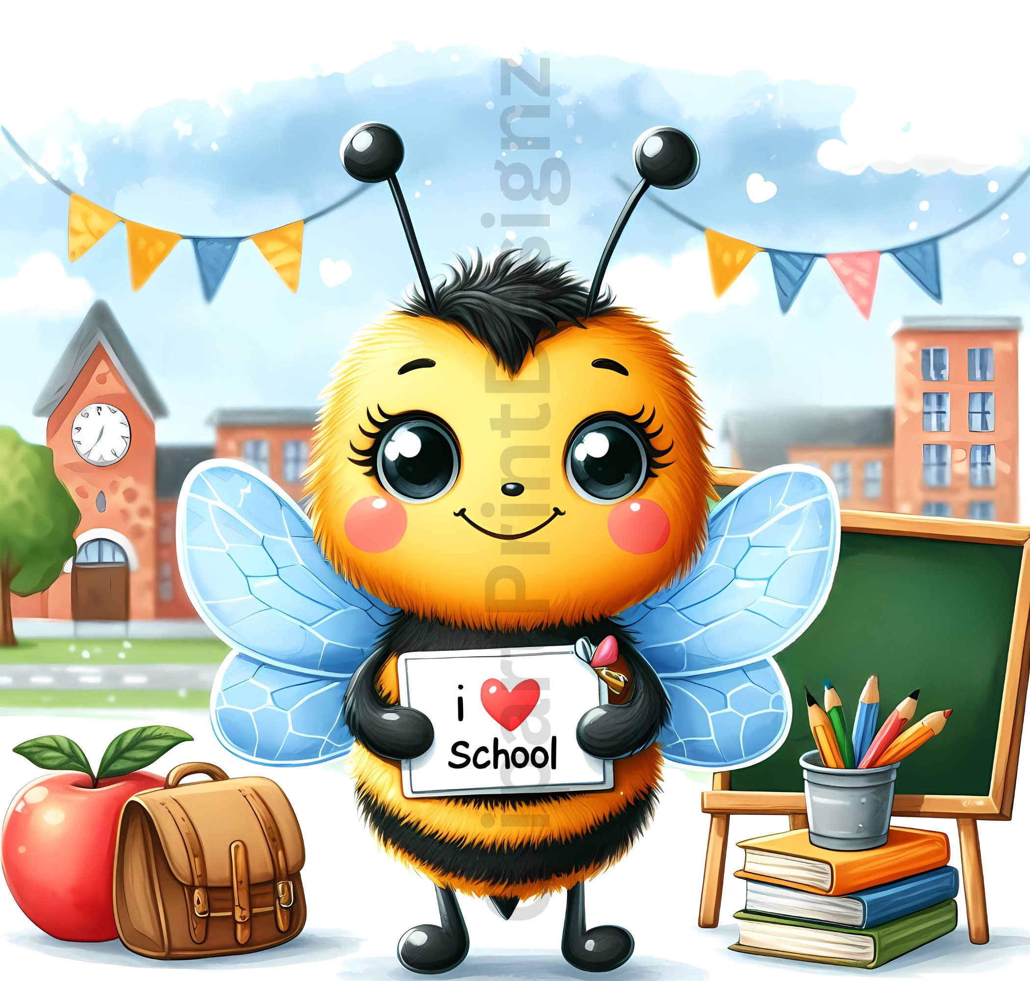 Cute Back to School Bees Clipart Bundle, Watercolor Bee Clip Art Images ...