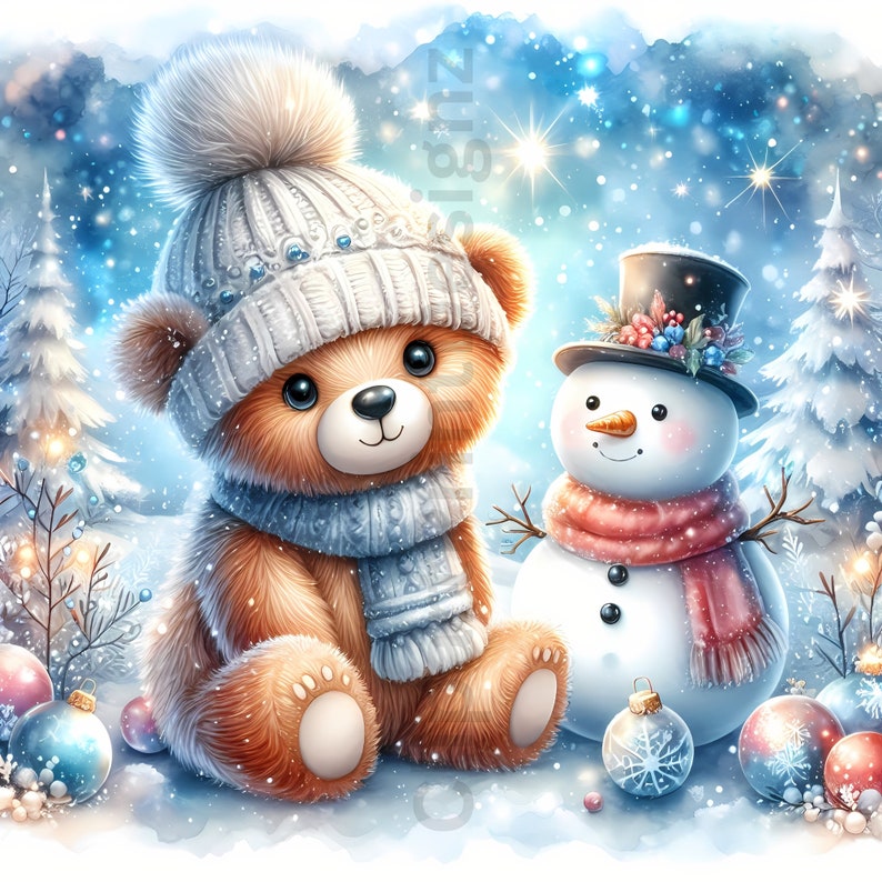 Cute Winter Teddy Bear Clipart Bundle, Festive Watercolor Clip Art ...