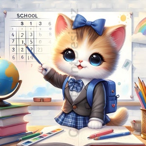 Cute Back to School Kittens Clipart Bundle, Watercolor Cat Clip Art ...