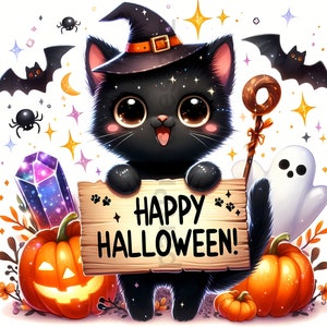 Cute Halloween Black Cats Clipart Bundle, Watercolor Cat Clip Art ...