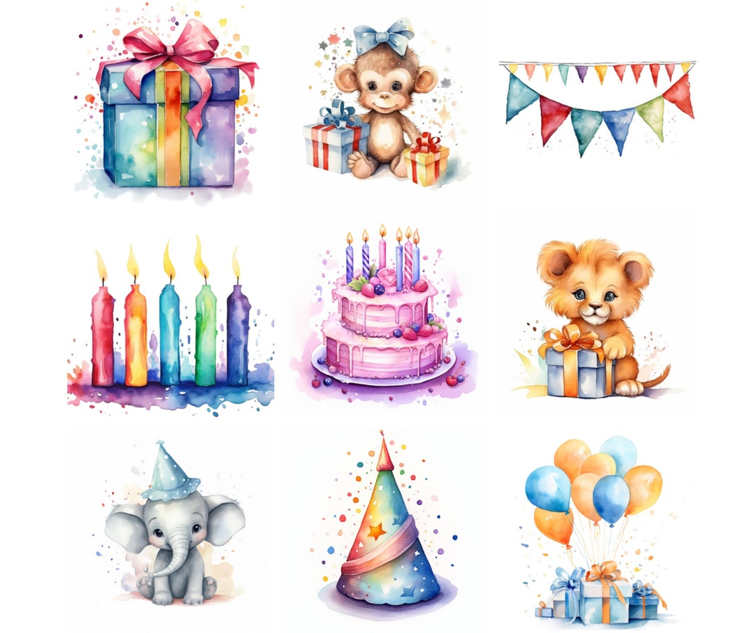 31 Watercolor Birthday Party Clipart Bundle, Cute Party Animals ...