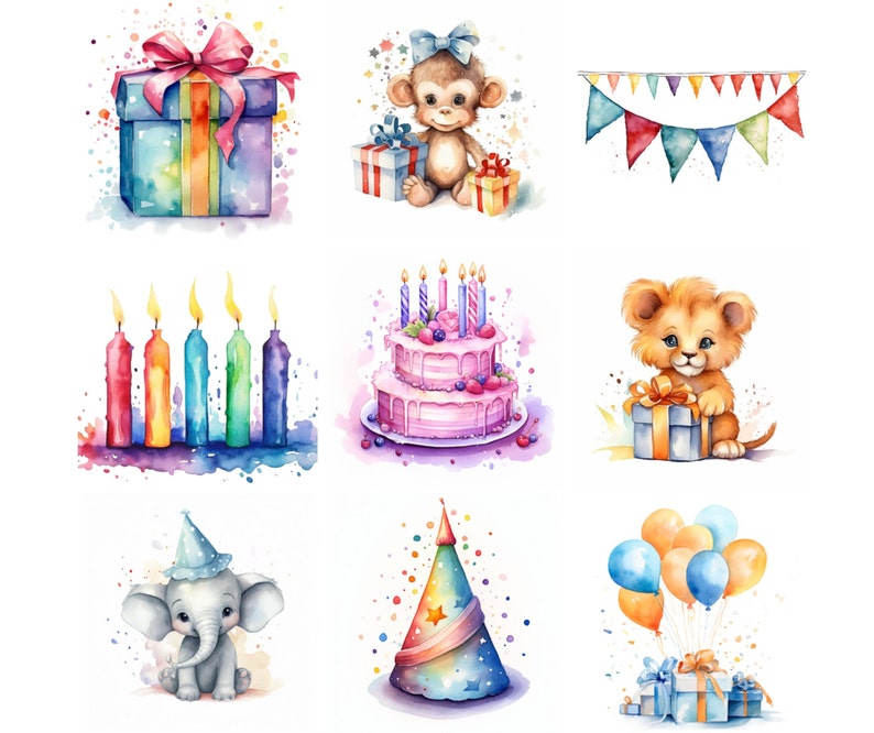 31 Watercolor Birthday Party Clipart Bundle, Cute Party Animals ...