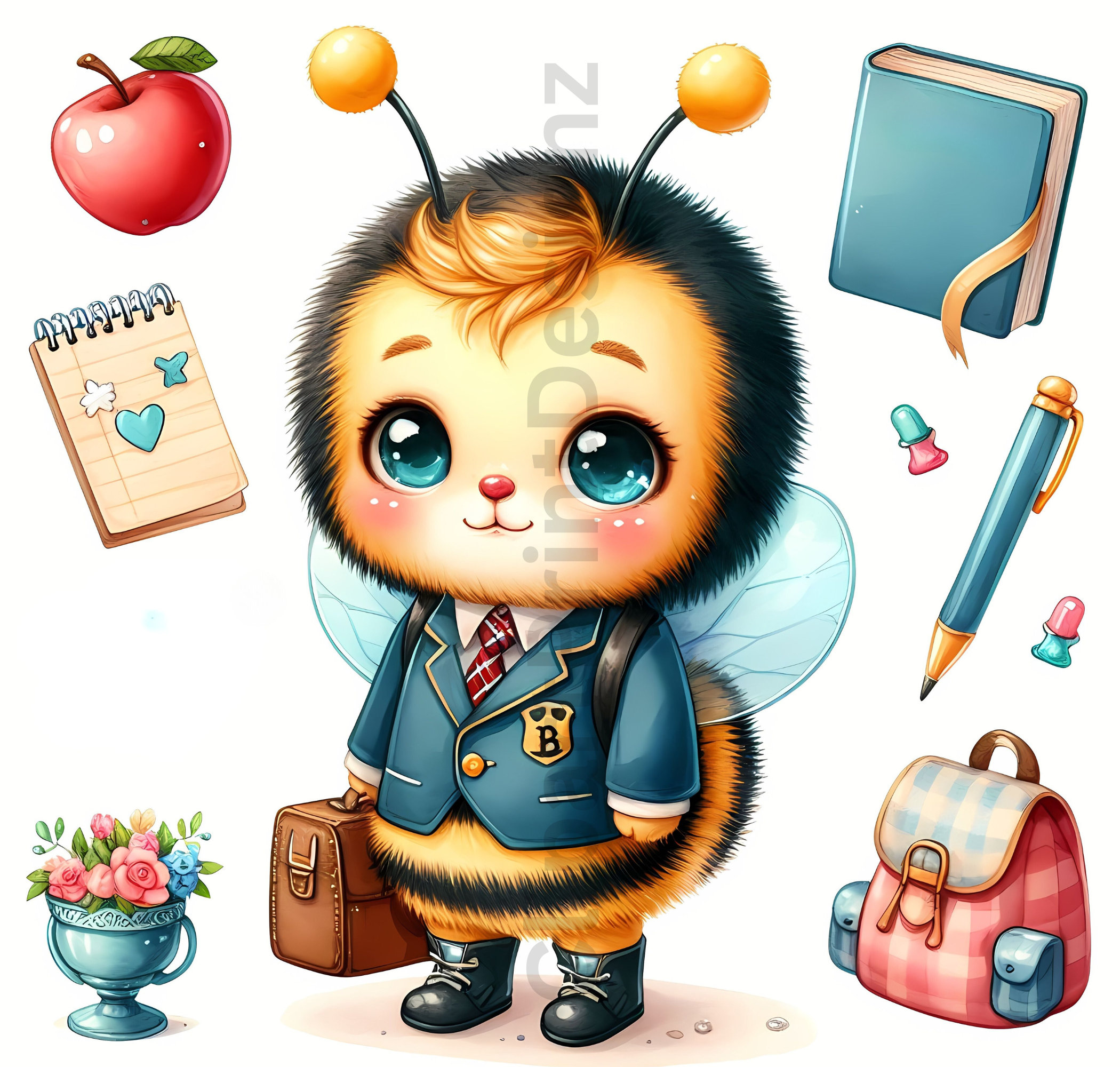 Cute Back to School Bees Clipart Bundle, Watercolor Bee Clip Art Images ...