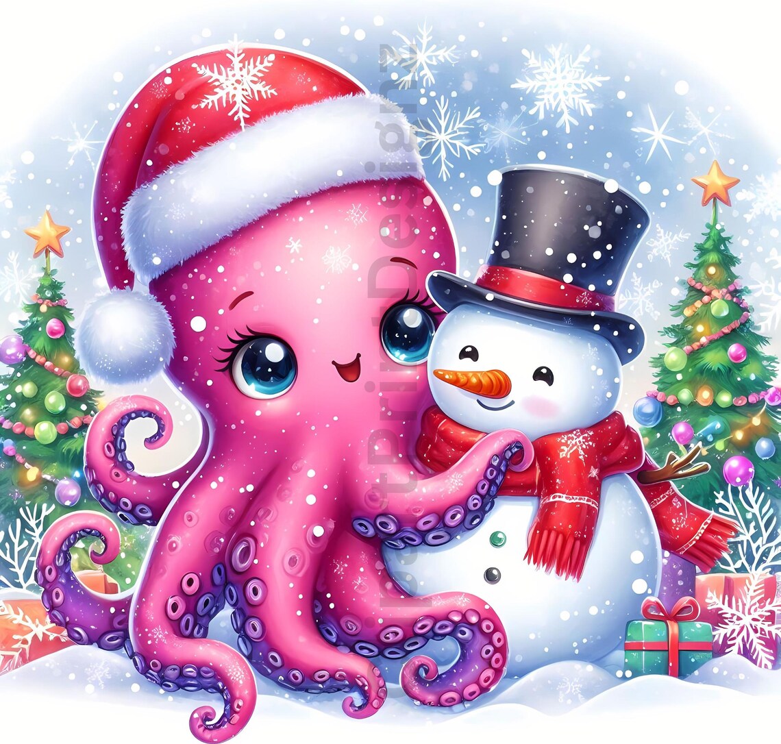 Cute Christmas Octopuses Clipart Bundle, Xmas Octopus Clip Art Images ...