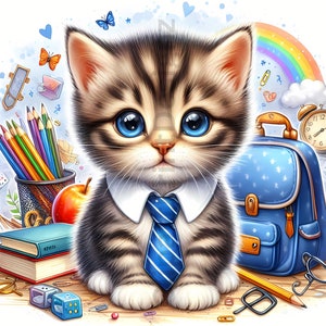Cute Back to School Kittens Clipart Bundle, Watercolor Cat Clip Art ...