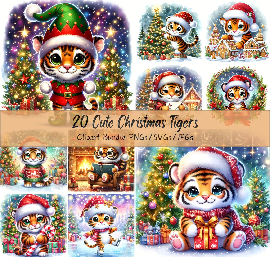 Cute Christmas Tigers Clipart Bundle, Xmas Tiger Clip Art Images ...
