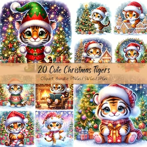 Cute Christmas Tigers Clipart Bundle, Xmas Tiger Clip Art Images ...