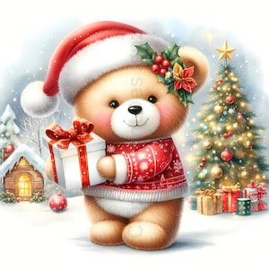Cute Watercolor Christmas Teddy Bear, 20 High Quality Pngs/jpgs/svgs ...