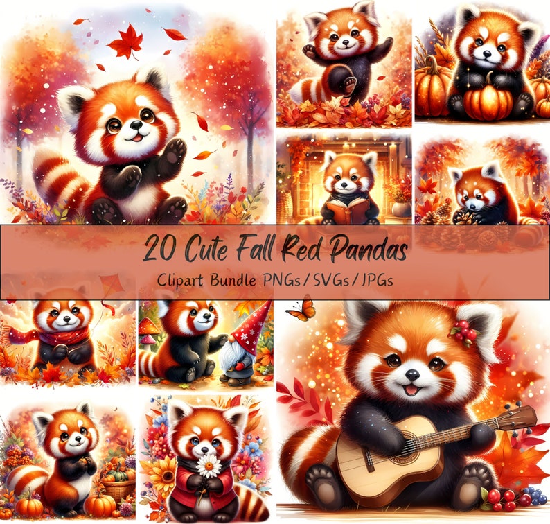Cute Fall Red Pandas Clipart Bundle, Watercolor Panda Clip Art Images ...