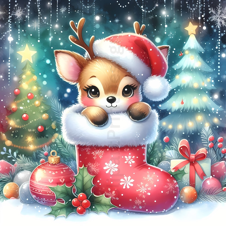 15 Cute Watercolor Christmas Reindeer, Christmas Clipart Bundle ...