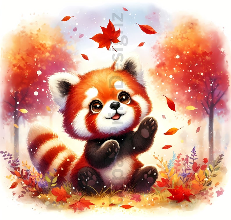 Cute Fall Red Pandas Clipart Bundle, Watercolor Panda Clip Art Images ...