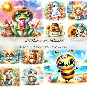 Cute Summer Animals Clipart Bundle, Watercolor Clip Art Images, High ...