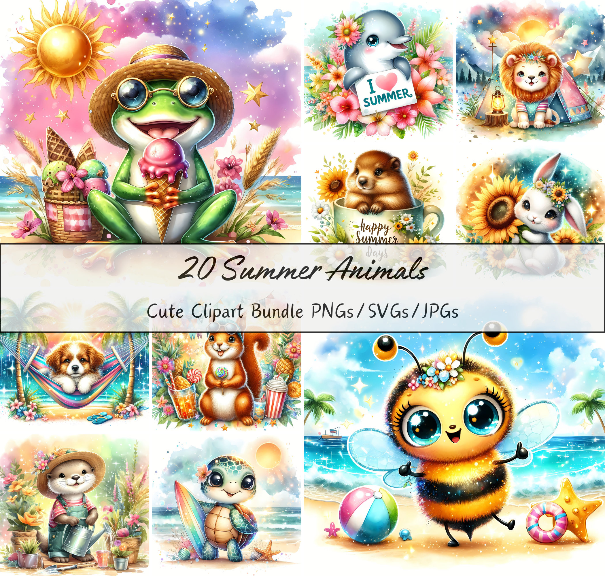 Cute Summer Animals Clipart Bundle, Watercolor Clip Art Images, High ...