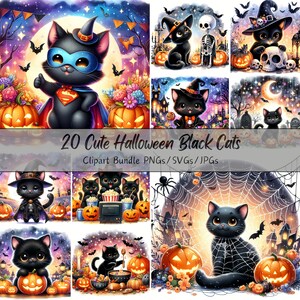 Cute Halloween Black Cats Clipart Bundle, Watercolor Cat Clip Art ...