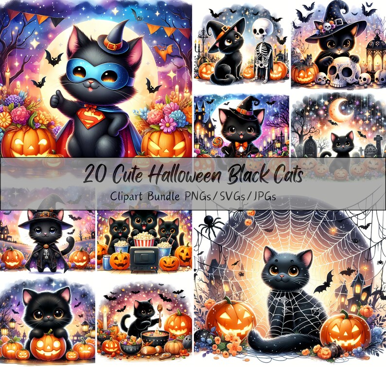 Cute Halloween Black Cats Clipart Bundle, Watercolor Cat Clip Art ...