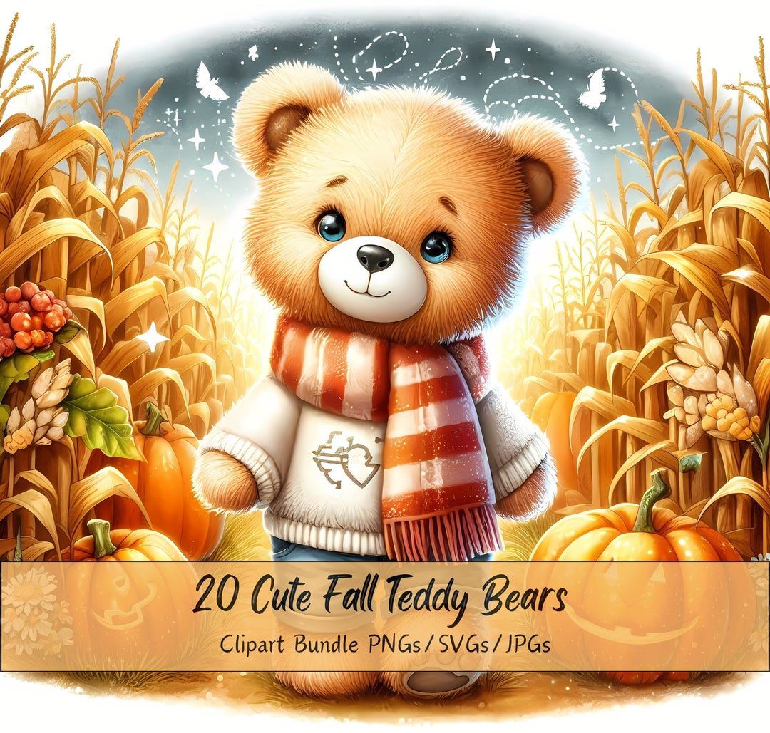 Cute Fall Teddy Bears Clipart Bundle, Watercolor Teddies Clip Art ...