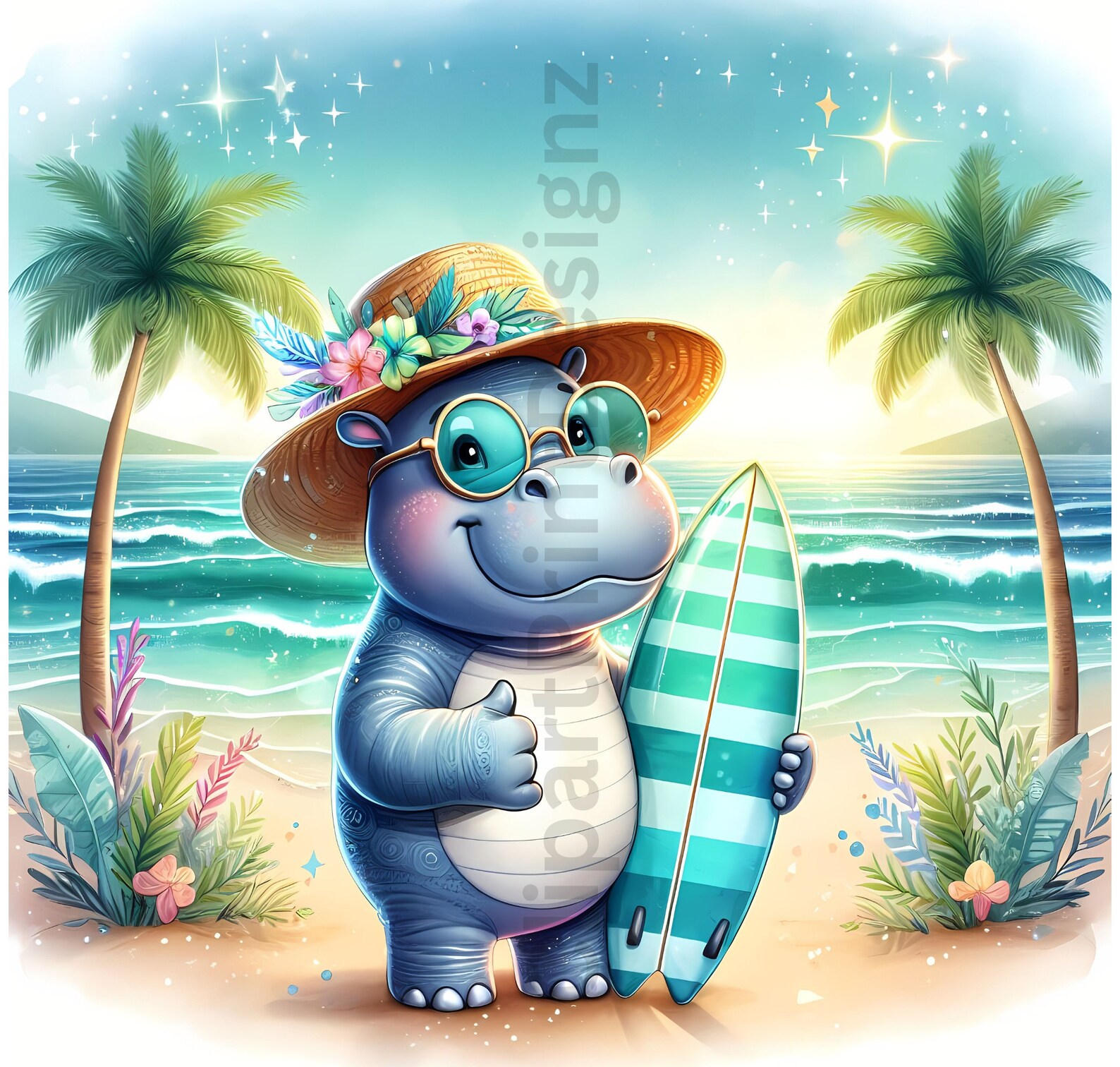 Cute Summer Surf Animals Clipart Bundle, Watercolor Beach Clip Art ...