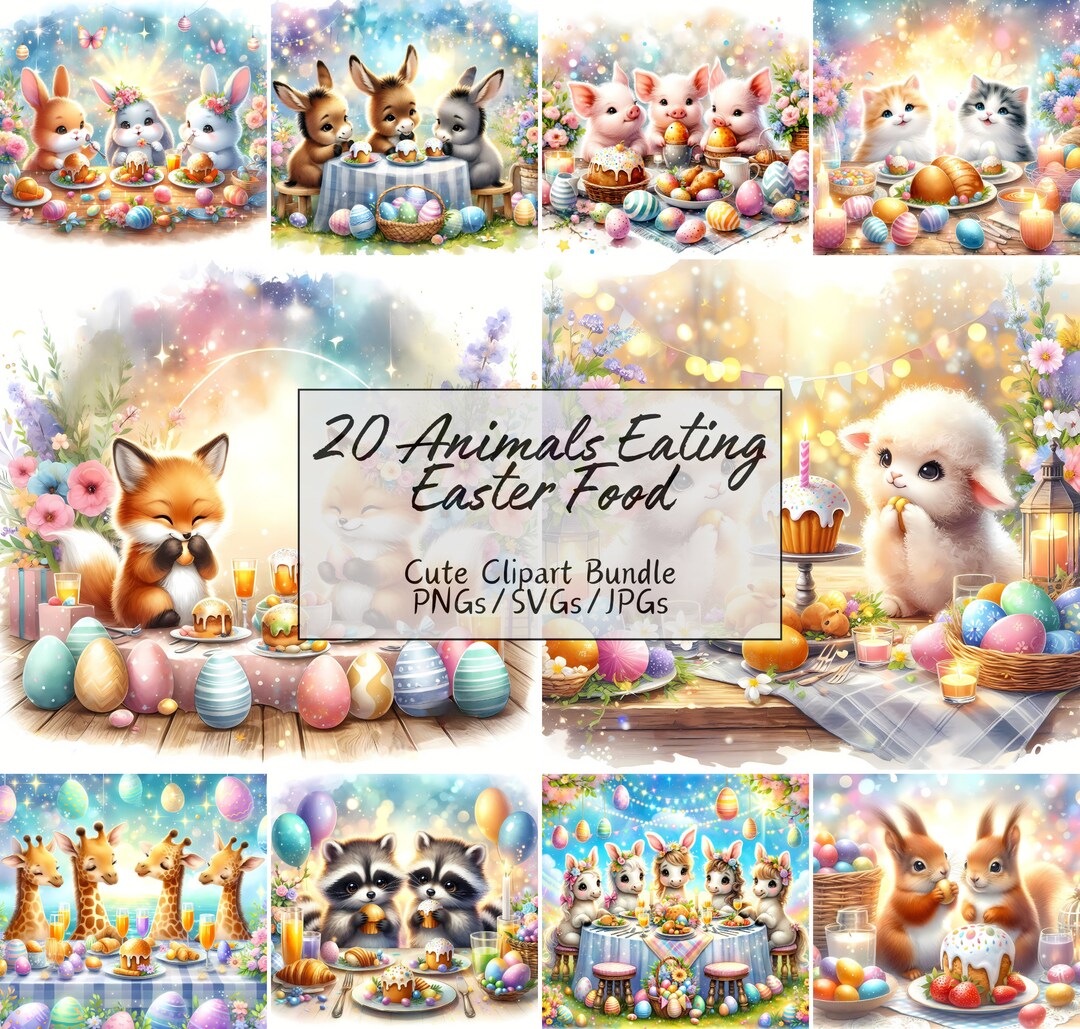 Cute Animals Eating Easter Food Clipart, High Quality Watercolor Animal ...