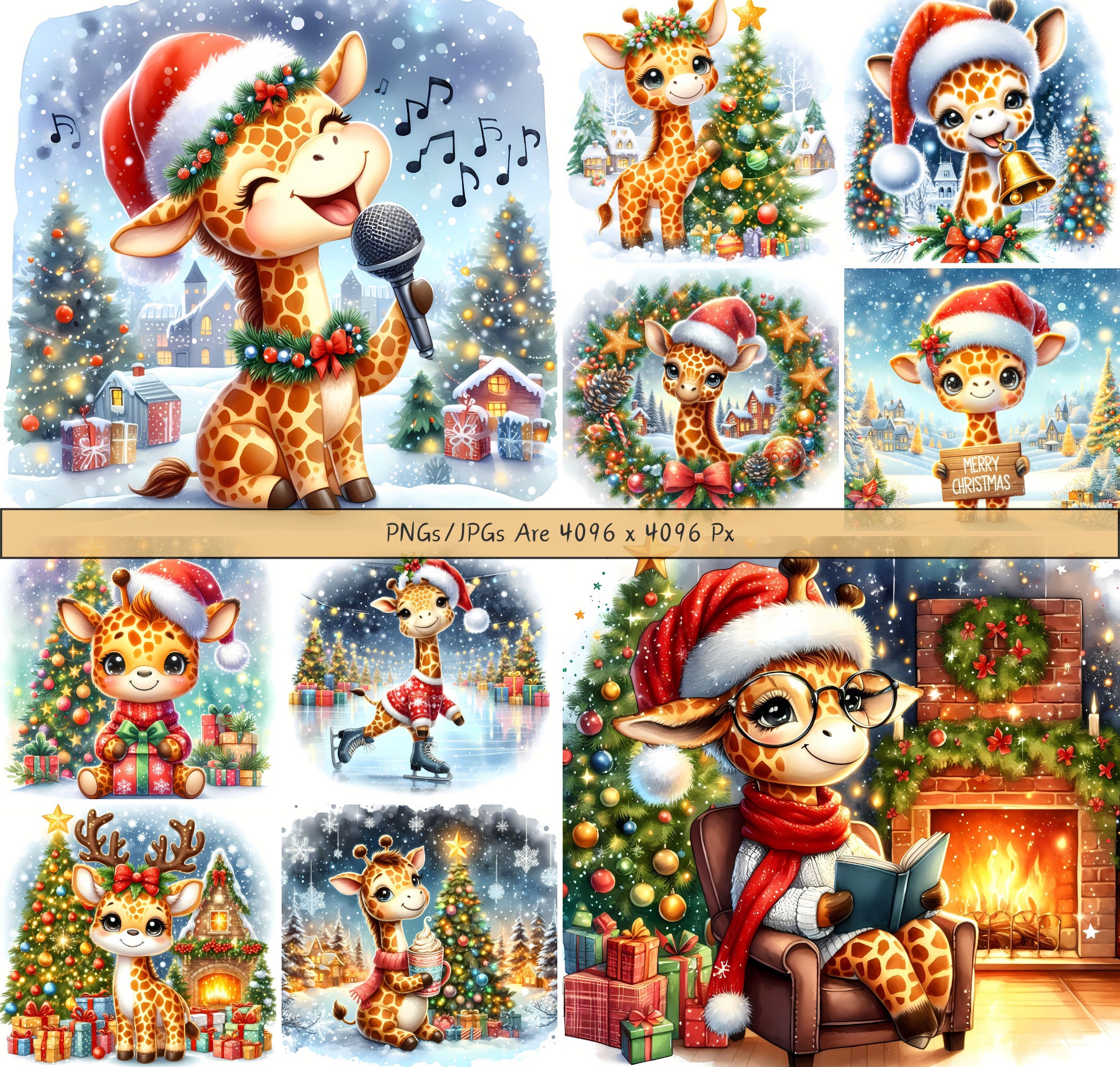 Cute Christmas Giraffes Clipart Bundle, Xmas Giraffe Clip Art Images ...