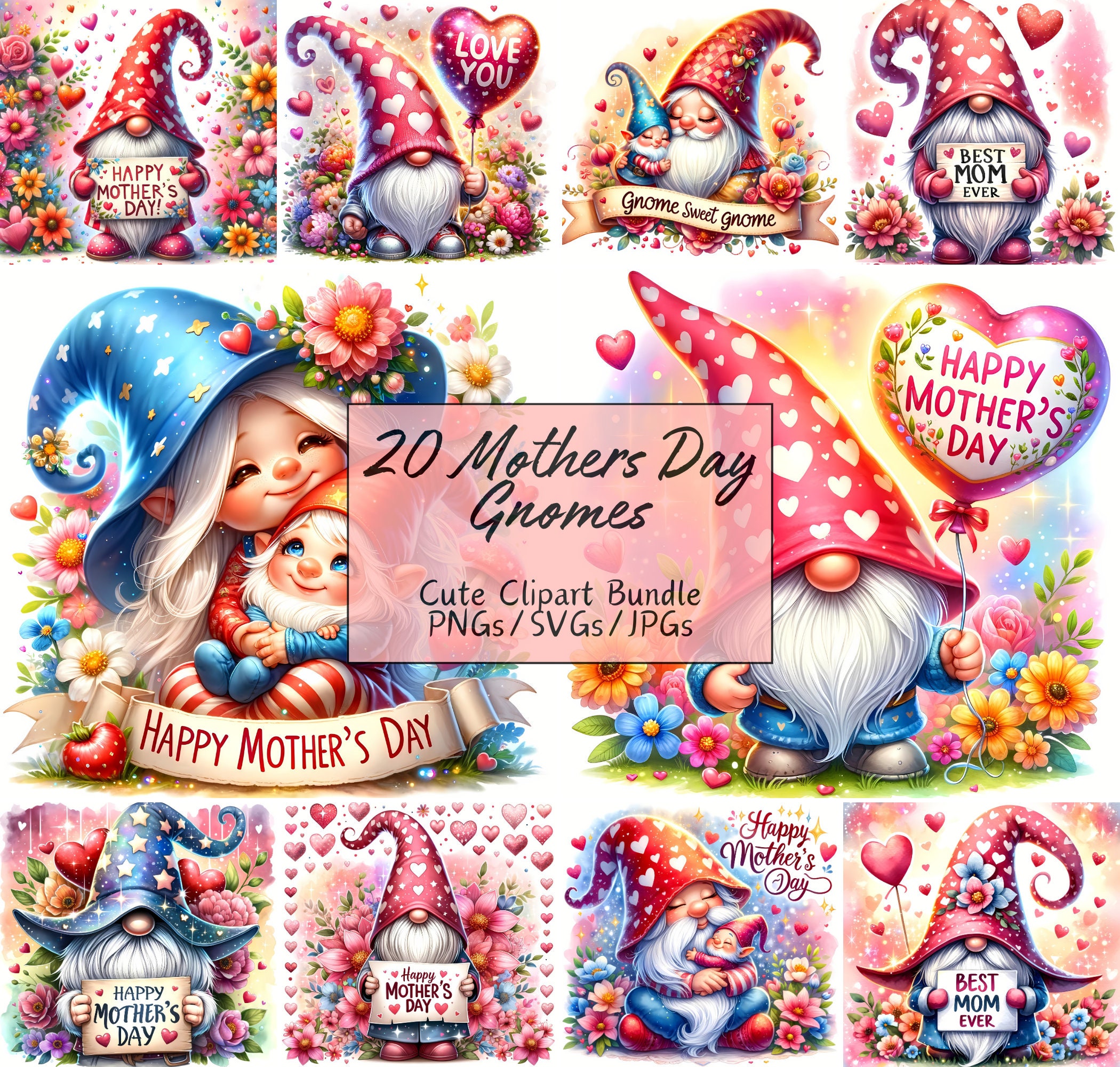 Cute Happy Mothers Day Gnomes Clipart Bundle, Love Gnome, Festive ...