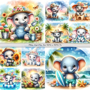 Cute Summer Elephants Clipart Bundle, Watercolor Elephant Clip Art ...