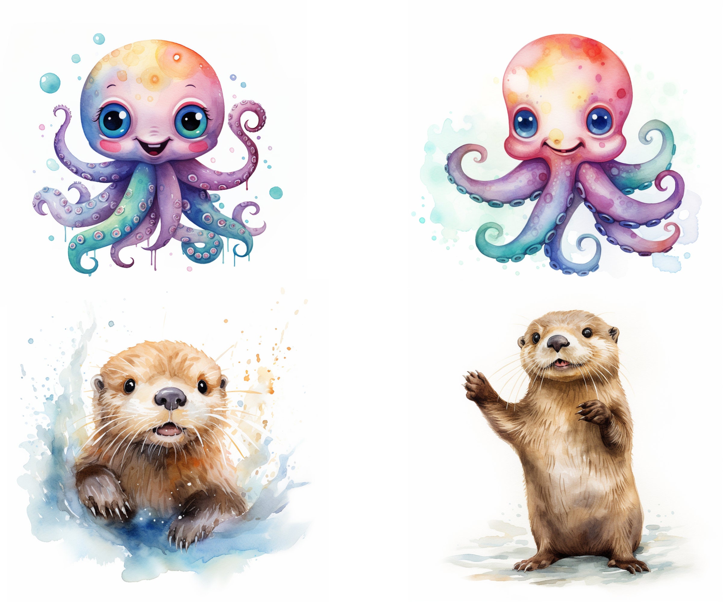 Watercolor Ocean Animals Clipart Bundle, 20 Cute Sea Animals, Nursery ...