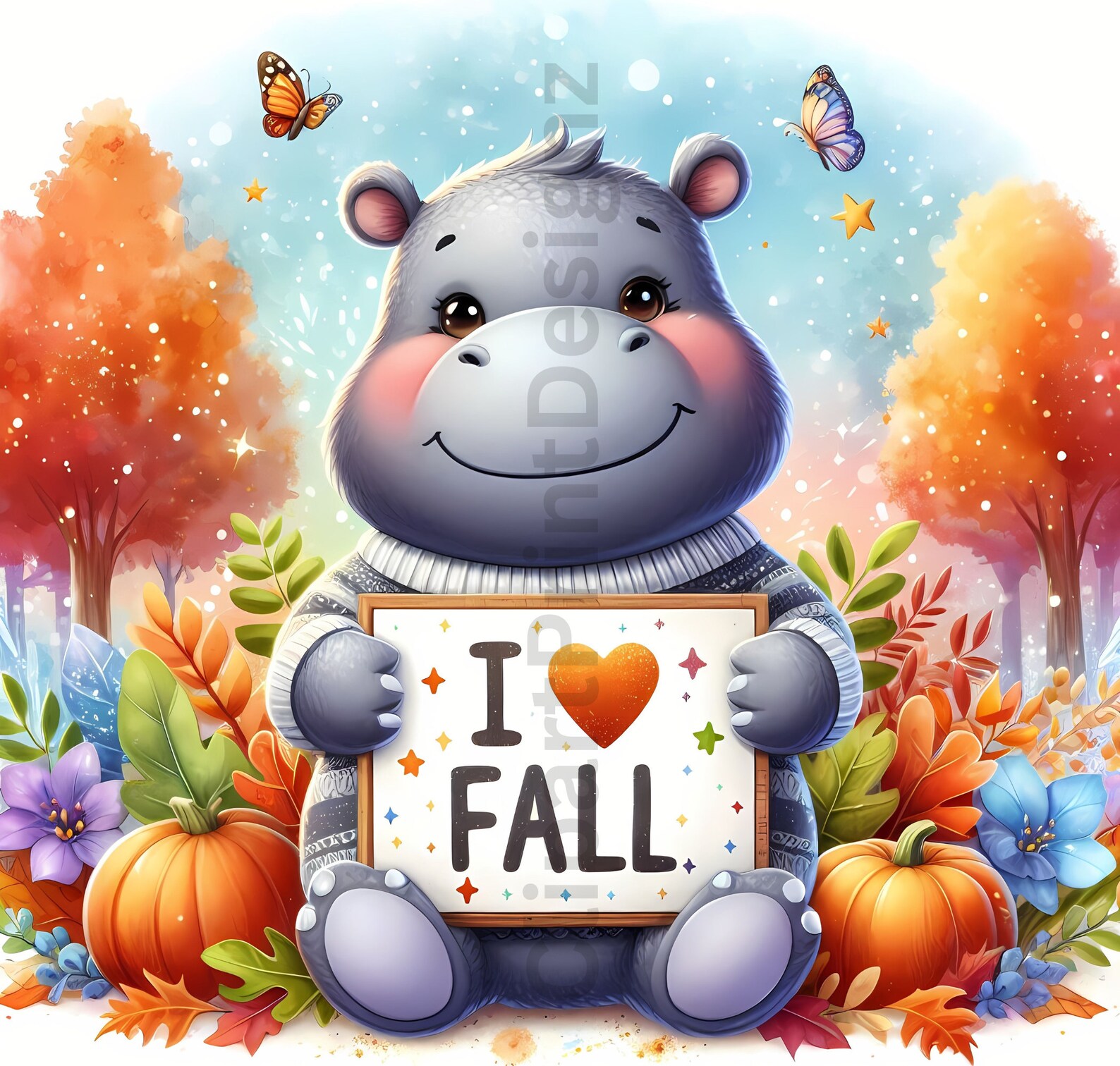 Cute Fall Hippopotamuses Clipart Bundle, Watercolor Hippos Clip Art ...