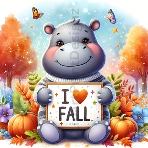 Cute Fall Hippopotamuses Clipart Bundle, Watercolor Hippos Clip Art ...