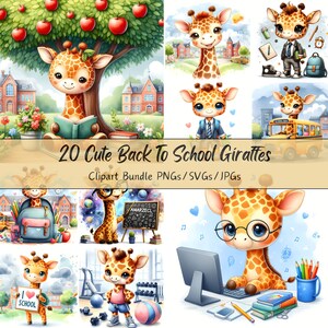 Cute Back to School Giraffes Clipart Bundle, Watercolor Giraffe Clip ...