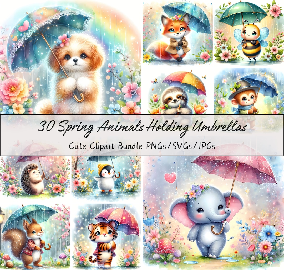 Cute Spring Animals Holding Umbrellas Clipart Bundle, Watercolor Clip ...