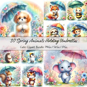 Cute Spring Animals Holding Umbrellas Clipart Bundle, Watercolor Clip ...
