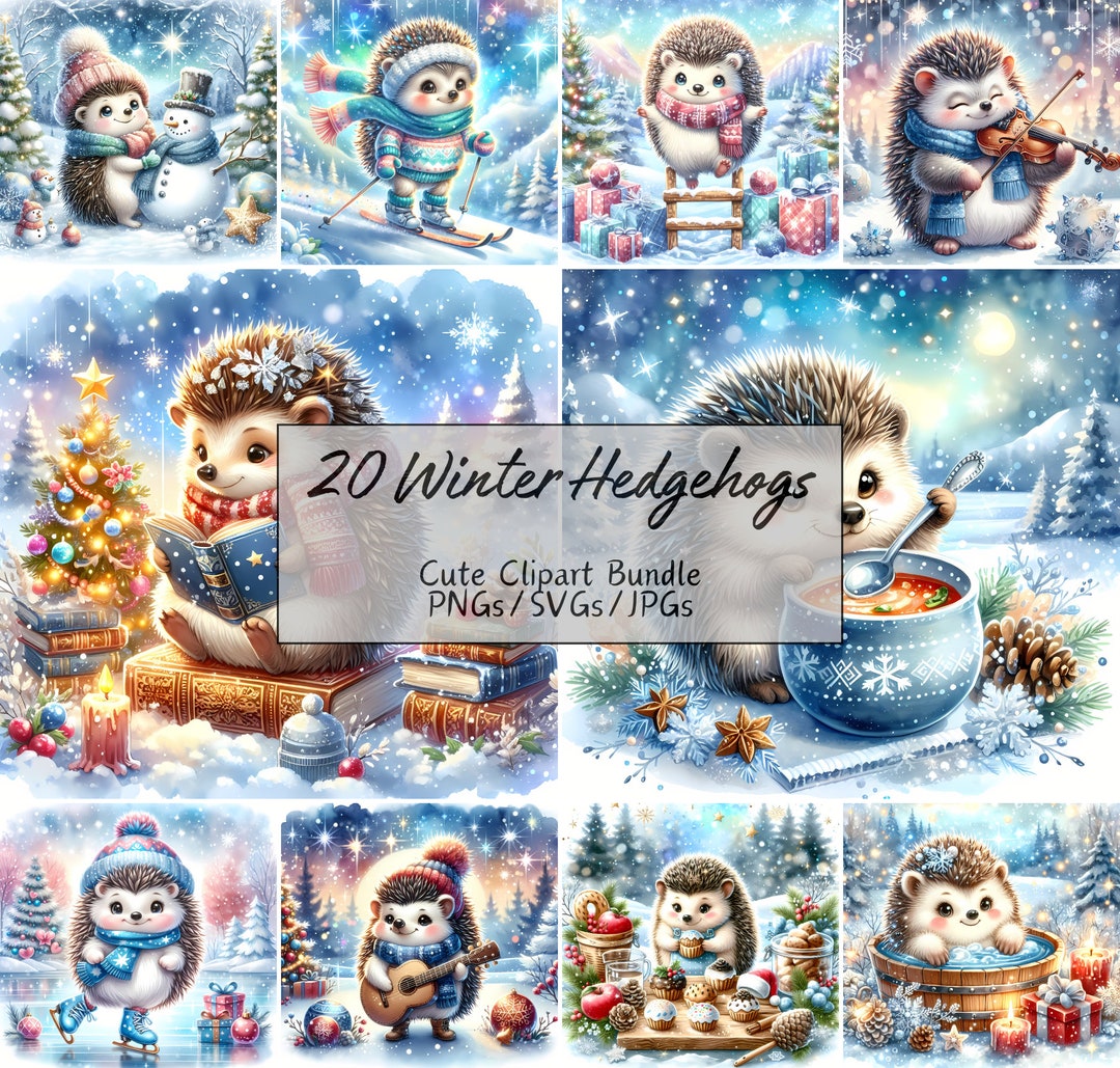 Cute Winter Hedgehog Clipart Bundle, Festive Watercolor Clip Art Images ...