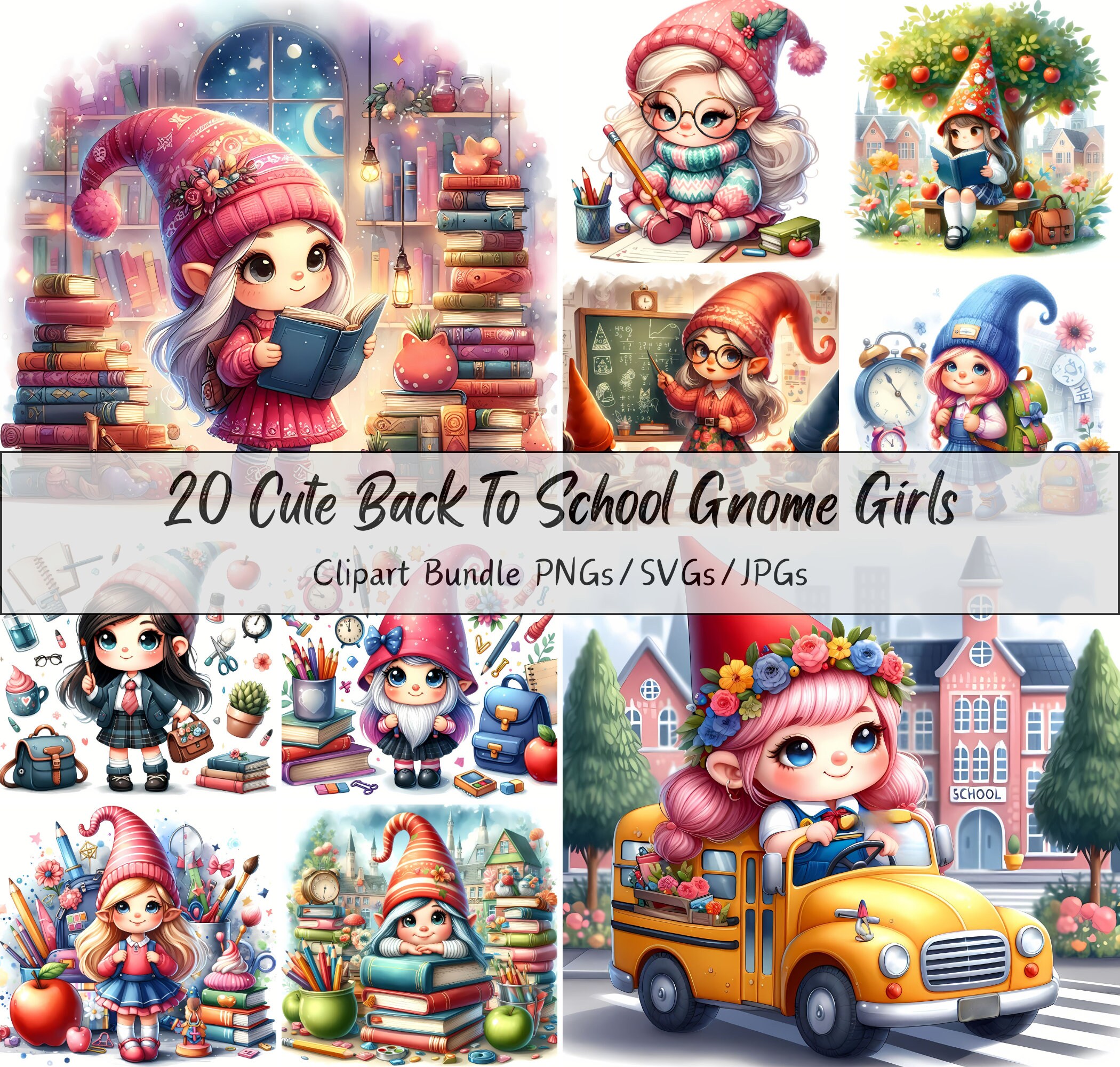 Cute Back to School Gnome Girls Clipart Bundle, Watercolor Gnome Clip ...