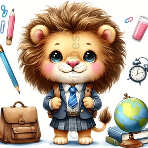 Cute Back to School Lions Clipart Bundle, Watercolor Lion Clip Art ...